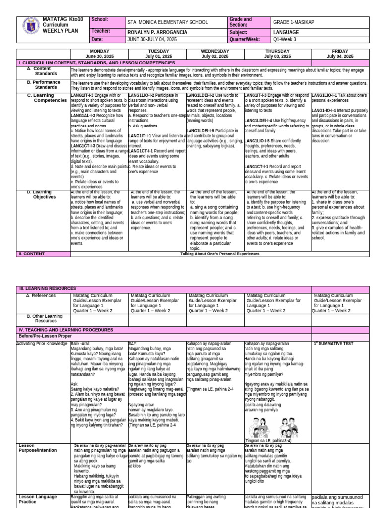 G1 DLL - Q1 - Week 3 2 2025 | PDF | Syllable | Consonant