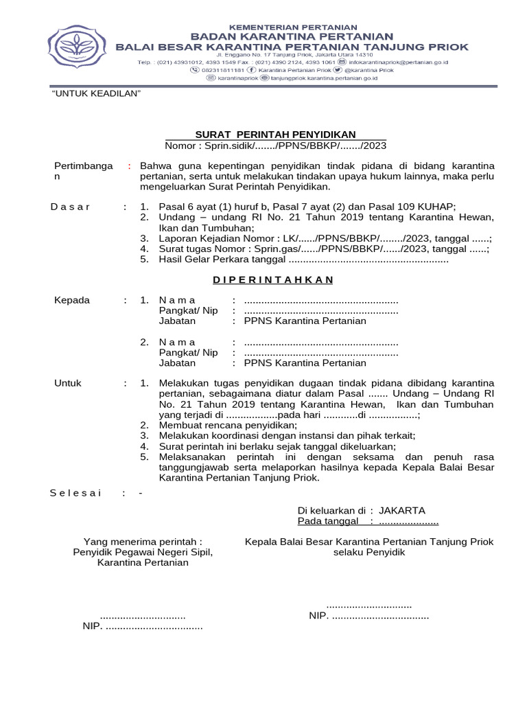 Surat Perintah Penyidikan Karantina | PDF