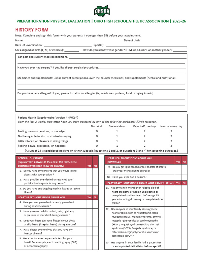 Ohio High School Sports Physical Form | PDF | Concussion | Heart