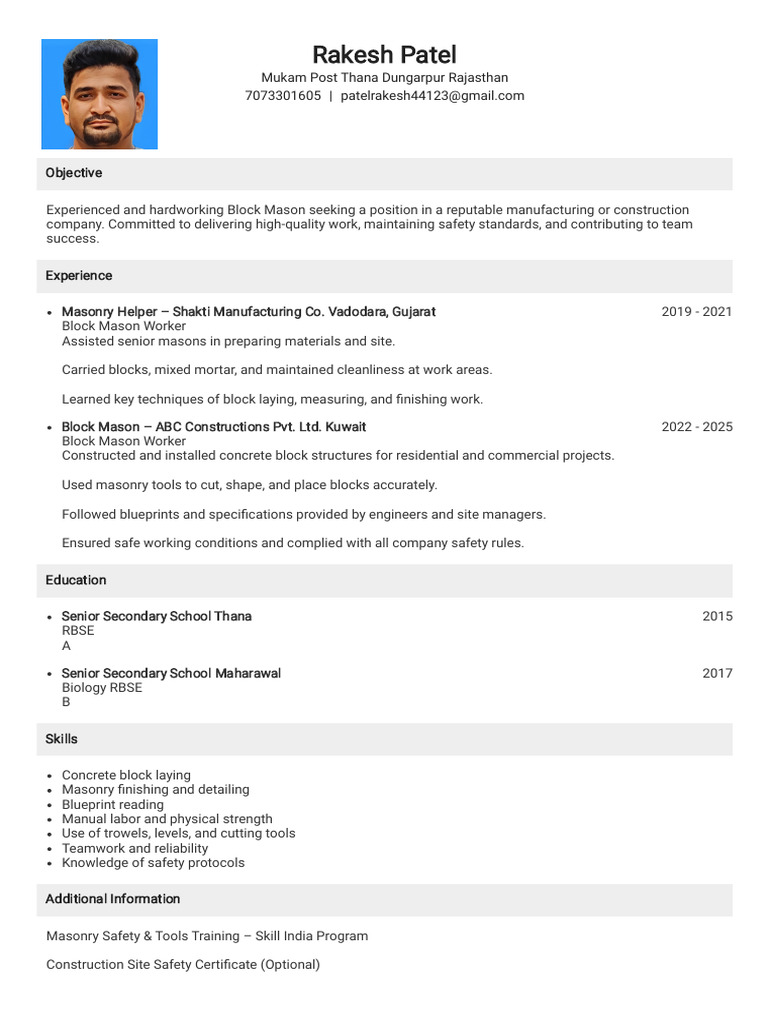 Block Mason Resume: Skills & Experience | PDF