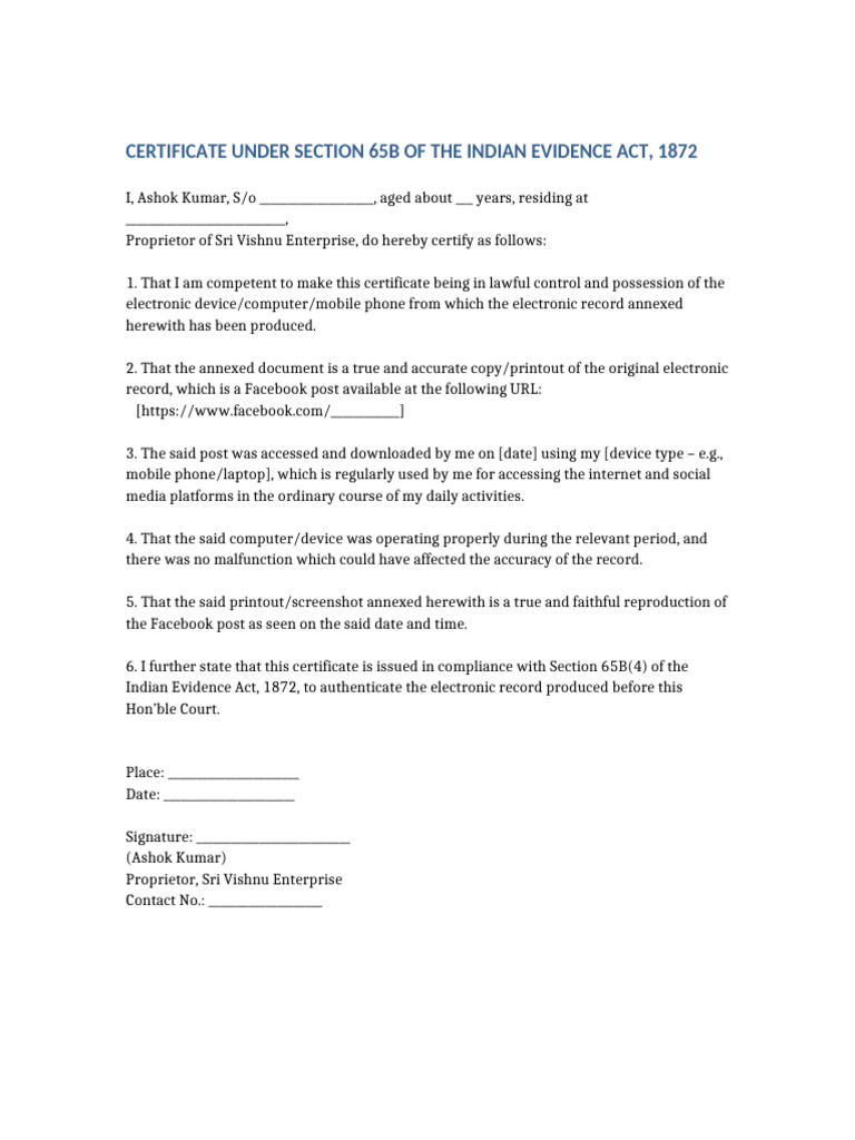 Section 65B Certificate for Facebook Post | PDF