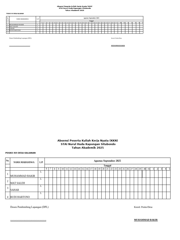 Absen Mahasiswa KKN | PDF