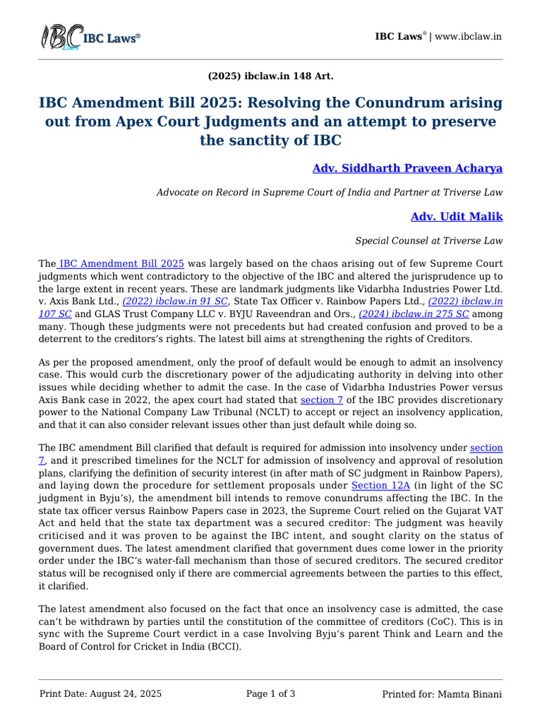 IBC Amendment Bill 2025 Overview | PDF | Justice | Crime & Violence