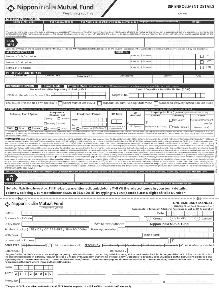 One Time Bank Mandate+Single SIP Form Editable | PDF | Banks | Debit Card