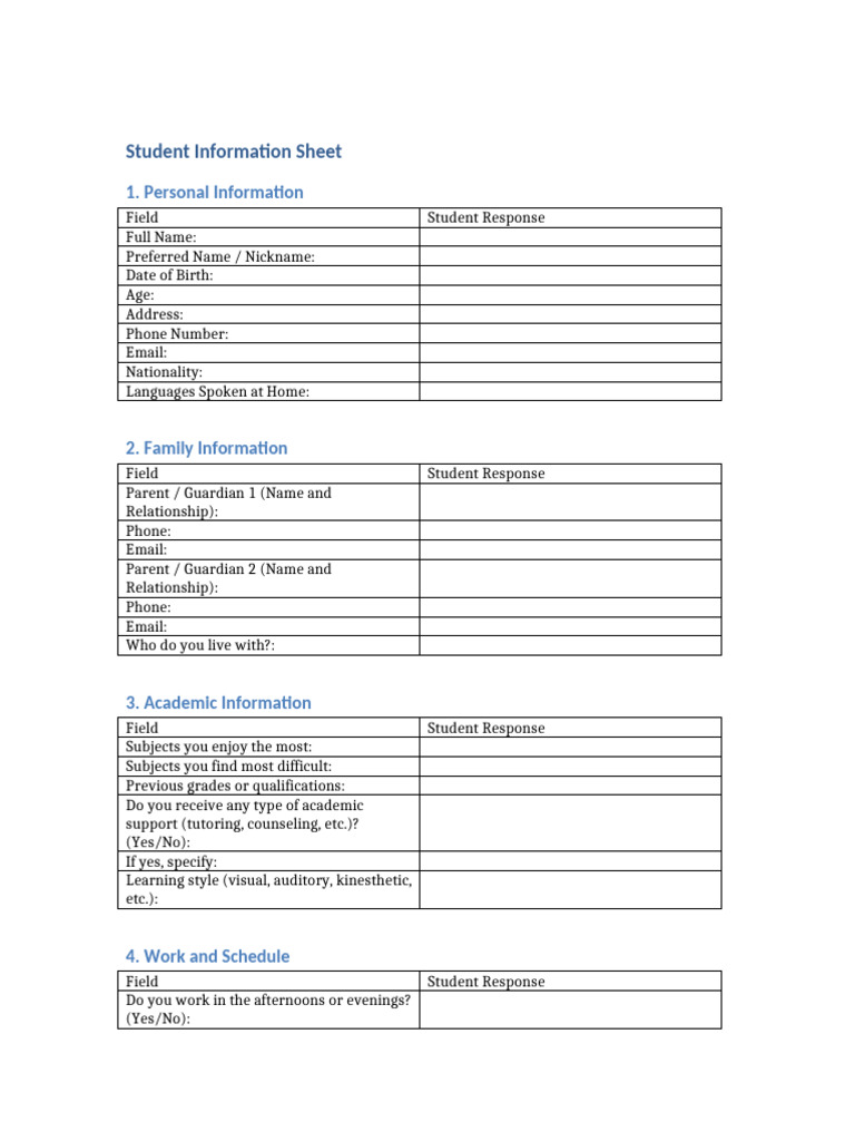 Student Information Sheet Table | PDF