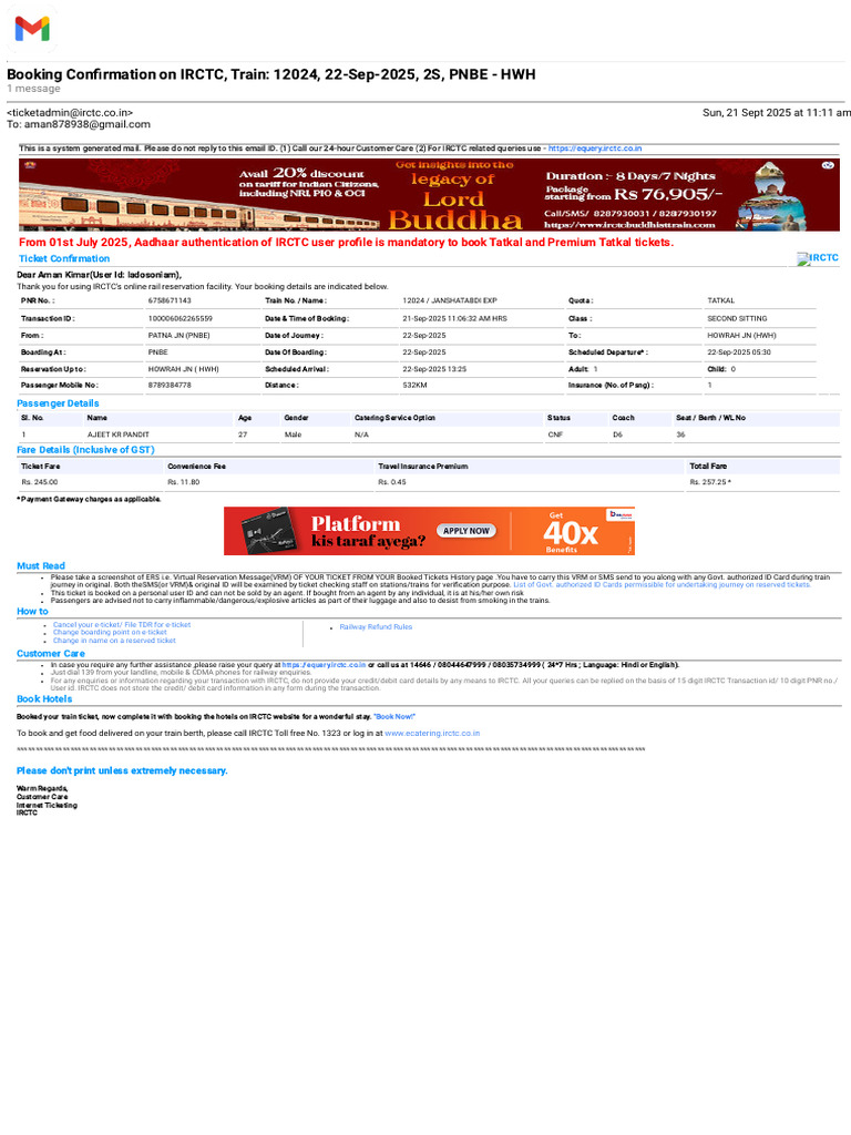 Gmail - Booking Confirmation On IRCTC, Train - 12024, 22-Sep-2025, 2S ...