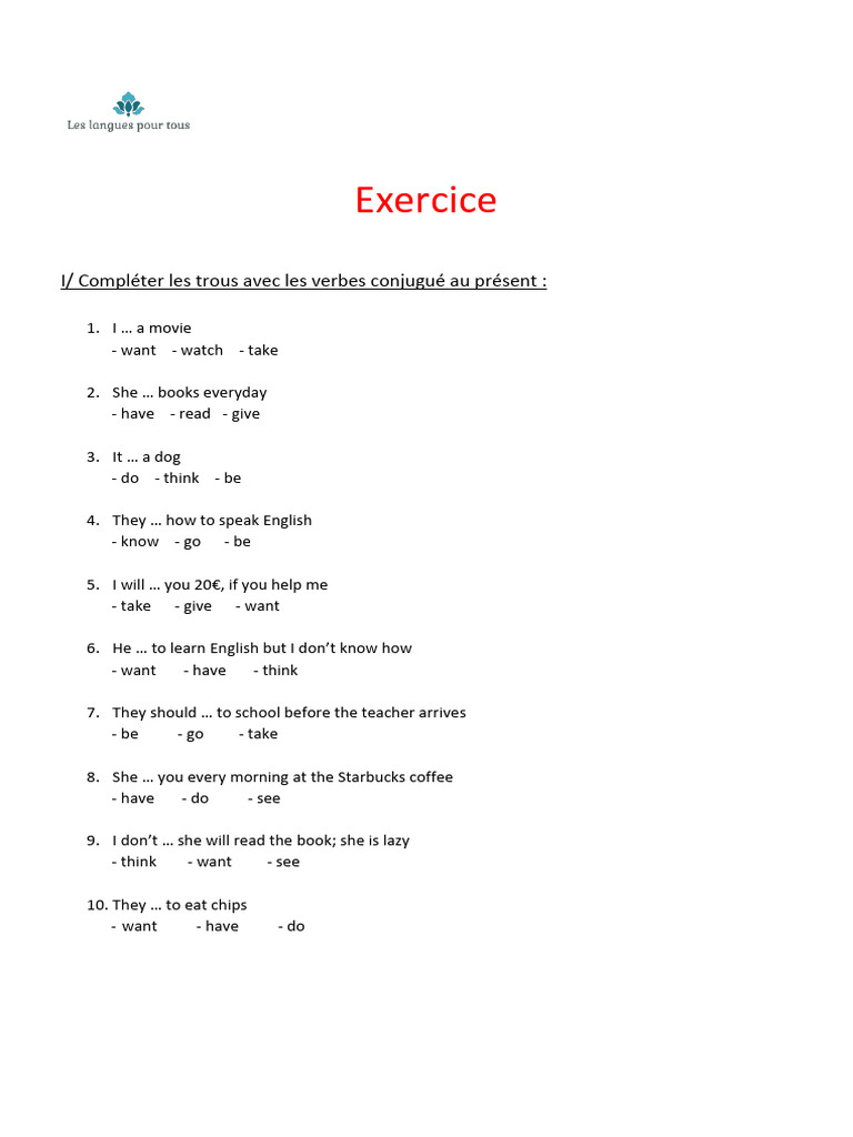 Present Tense Verb Exercise | PDF