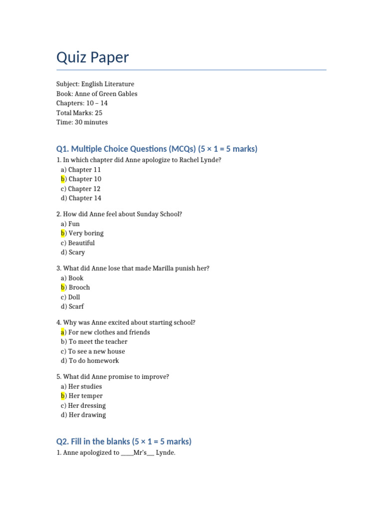 Anne of Green Gables Quiz English Ch10-14 | PDF