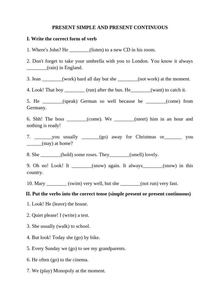 Present Simple vs. Present Continuous Exercises | PDF