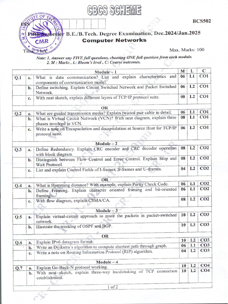 VTU Question Paper of BCS502 Computer Networks Dec-2024 - Jan-2025 | PDF