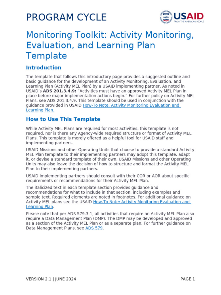 Activity MEL Plan Template for USAID | PDF | Childbirth | Evaluation
