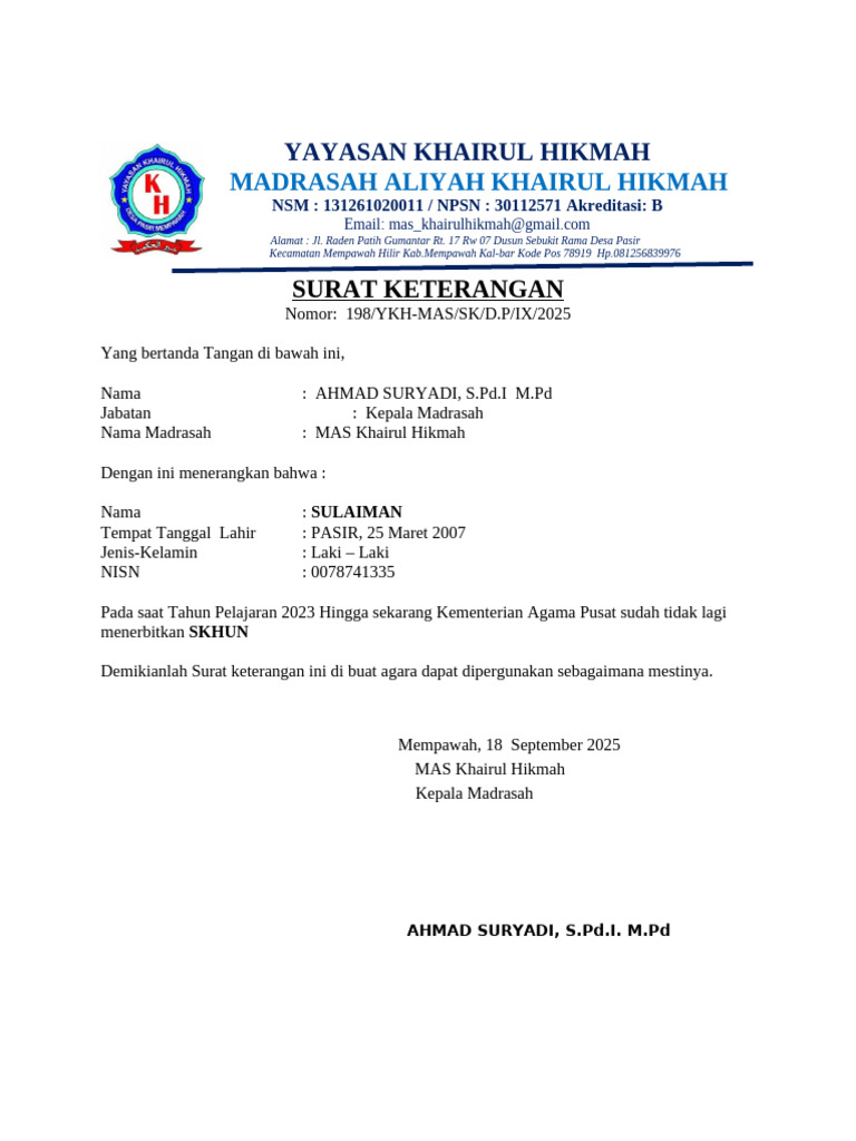 Contoh SKHU Madrasah Aliyah 2025 | PDF