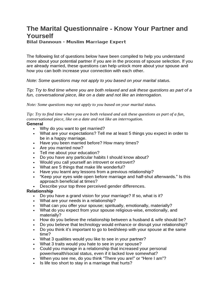 Marital Questionnaire for Deeper Connection | PDF | Love | Marriage