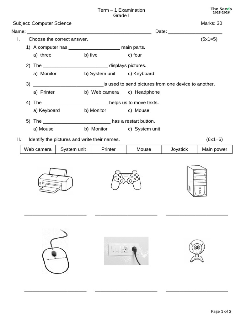Grade 1 Computer Science T1 QP 2025-2026 | PDF | Computer Science | Office Equipment