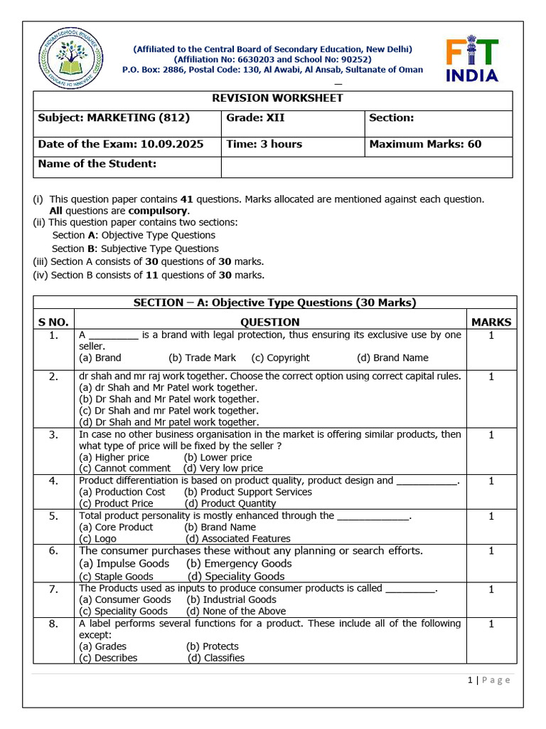 Isb Grade Xii Revision Worksheet | PDF | Pricing | Product (Business)