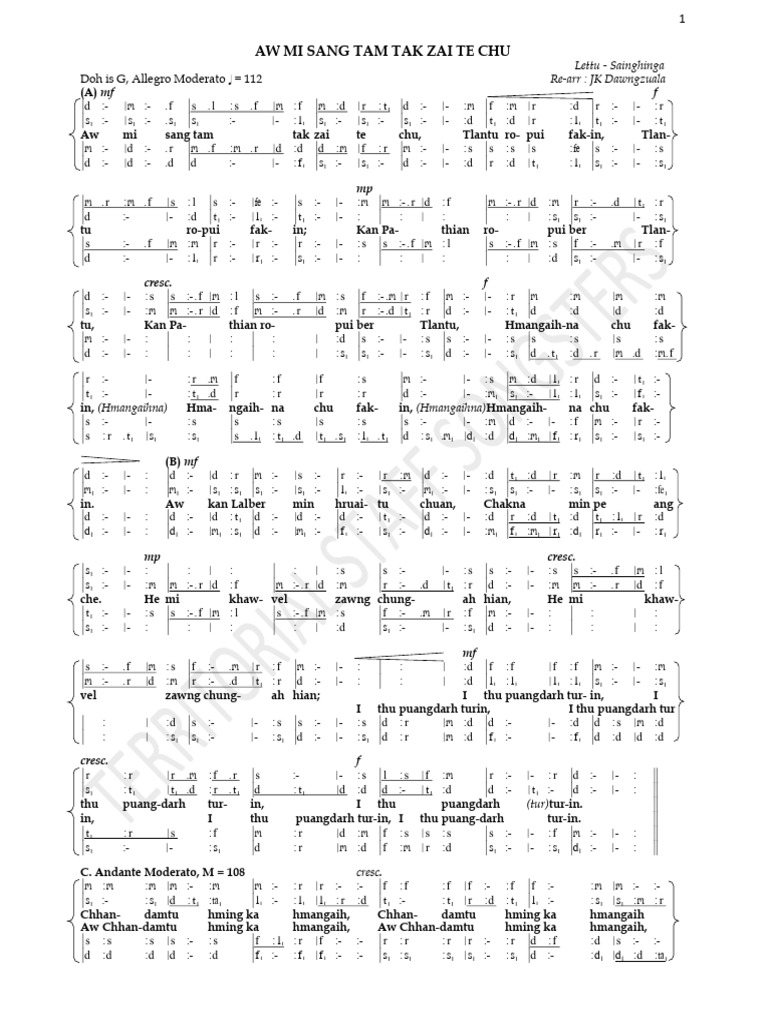Aw Mi Sang Tam Tak Zai Te Chu Lyrics | PDF