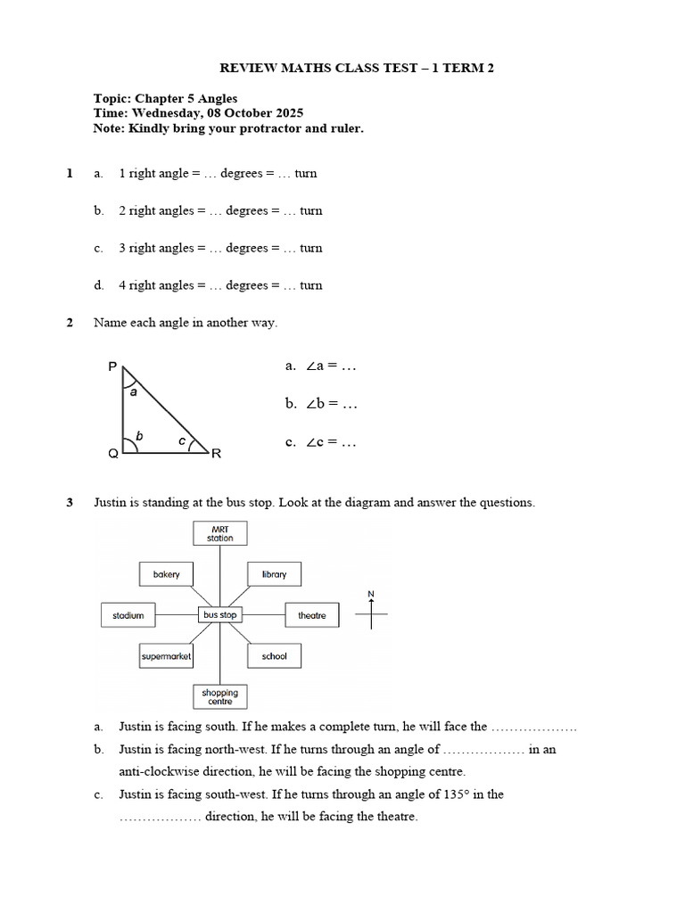 Maths Test Review: Angles Chapter 5 | PDF