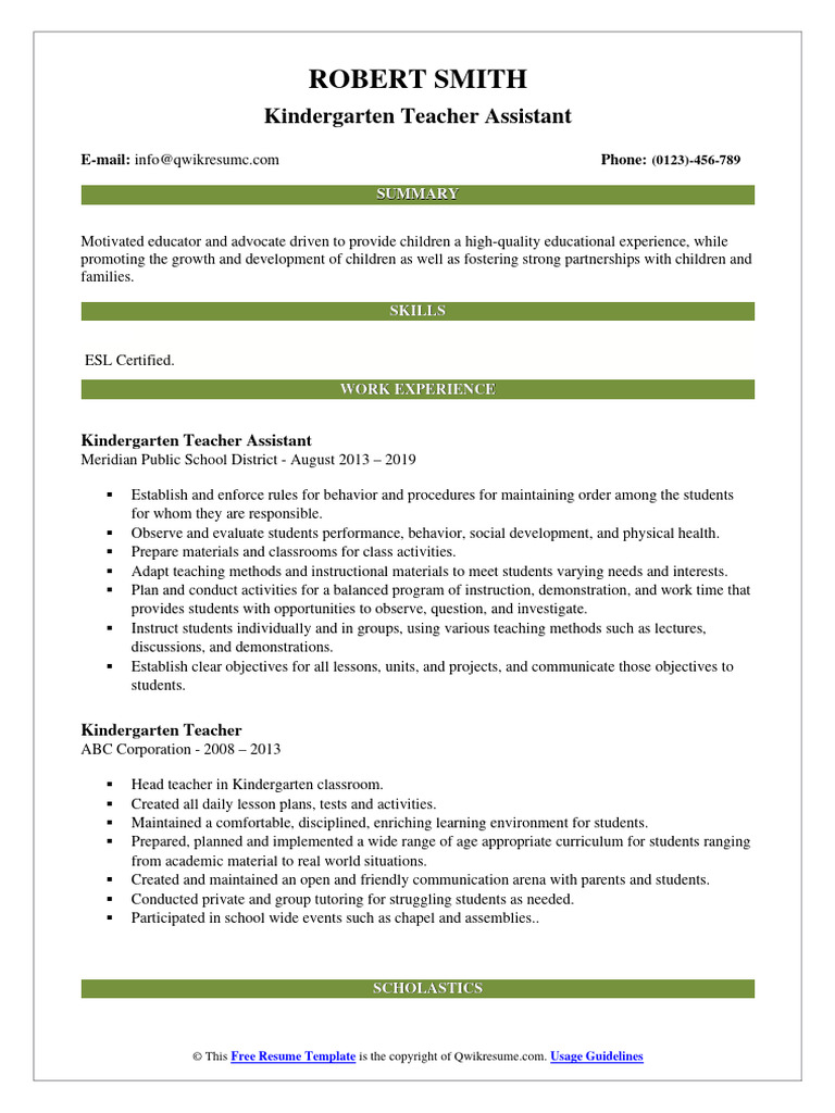 Kindergarten Teacher Assistant Resume | PDF | Teachers | Teaching Method