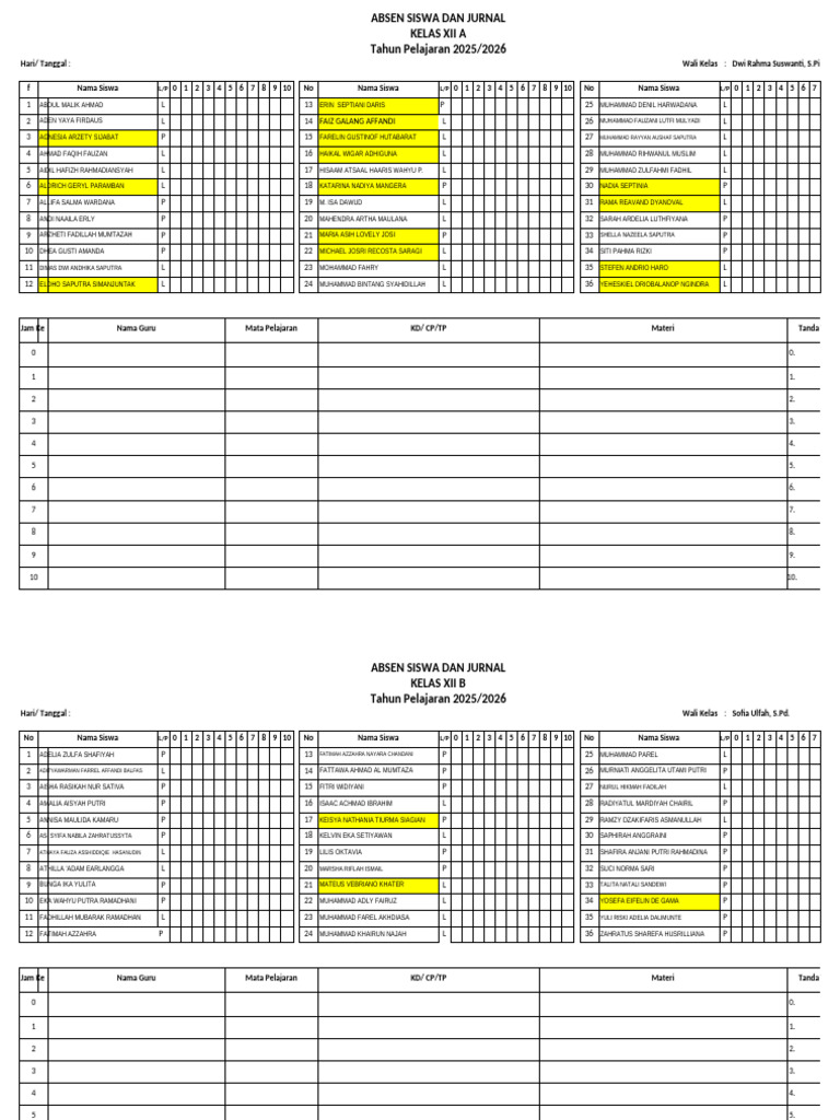 Absen Siswa Kelas XII Tahun 2025/2026 | PDF