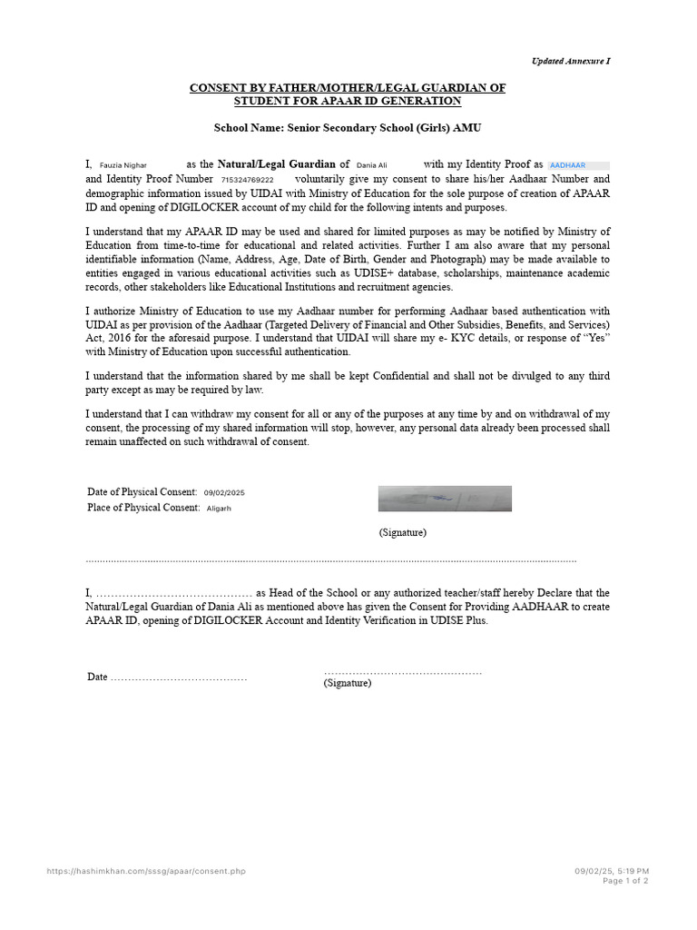 Consent by Father-Mother-Legal Guardian of Student For Apaar Id Generation | PDF | Access ...