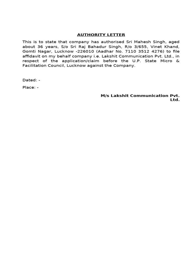 AUTHORITY LETTER Lakshit Communication Pvt. Ltd. | PDF