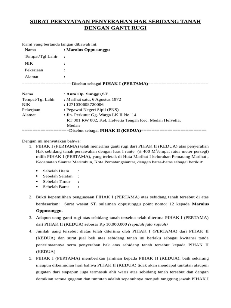 Surat Pernyataan Penyerahan Hak Sebidang Tanah Dengan Ganti Rugi | PDF