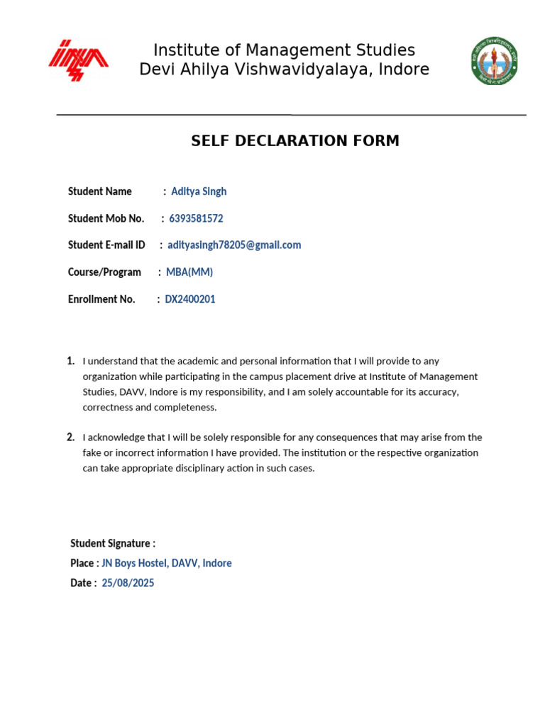 Self Declaration Form for MBA Students | PDF