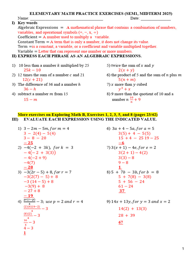 Elementary Math Practice Exercises (Sem1, Midterm 2025) Answer Key ...