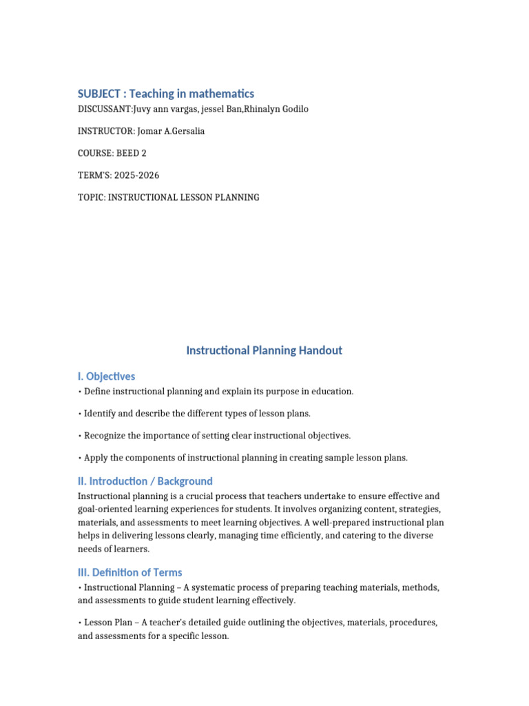 Instructional Planning Handout | PDF | Lesson Plan | Teachers