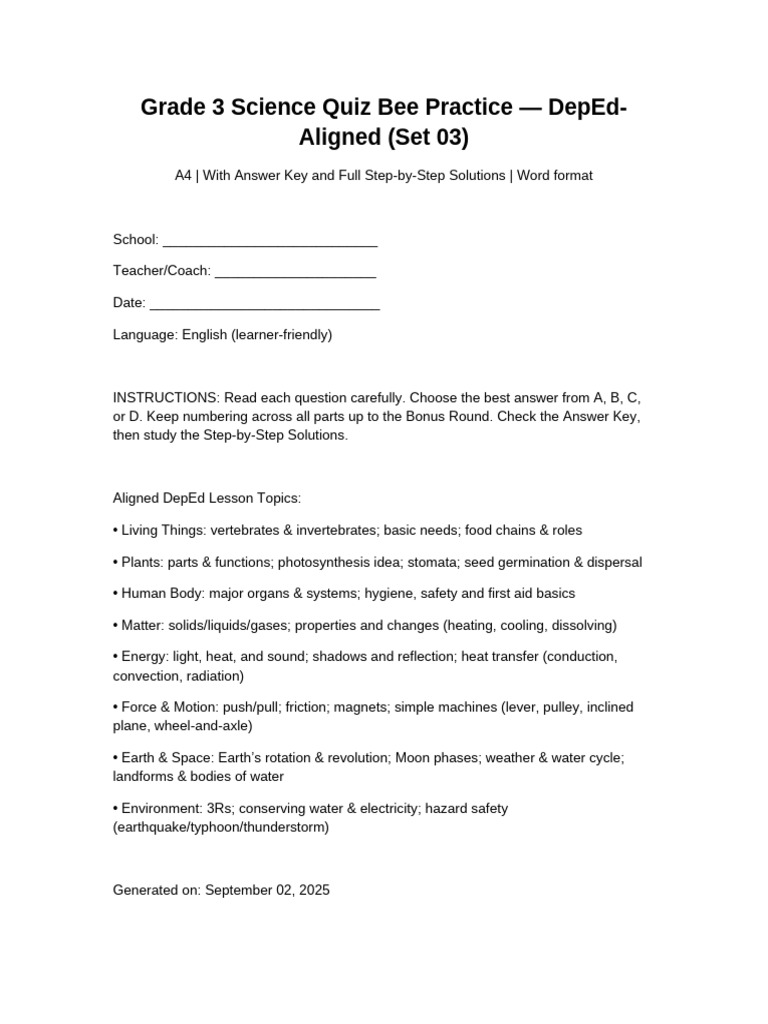 Grade 3 Science Quiz Bee Practice Set 03 | PDF | Water | Convection