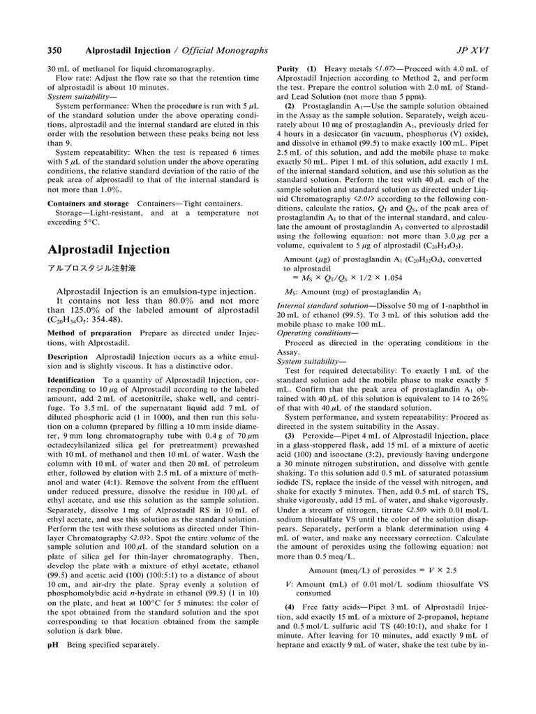 Alprostadil Injection Official Monograph | PDF | Chromatography ...