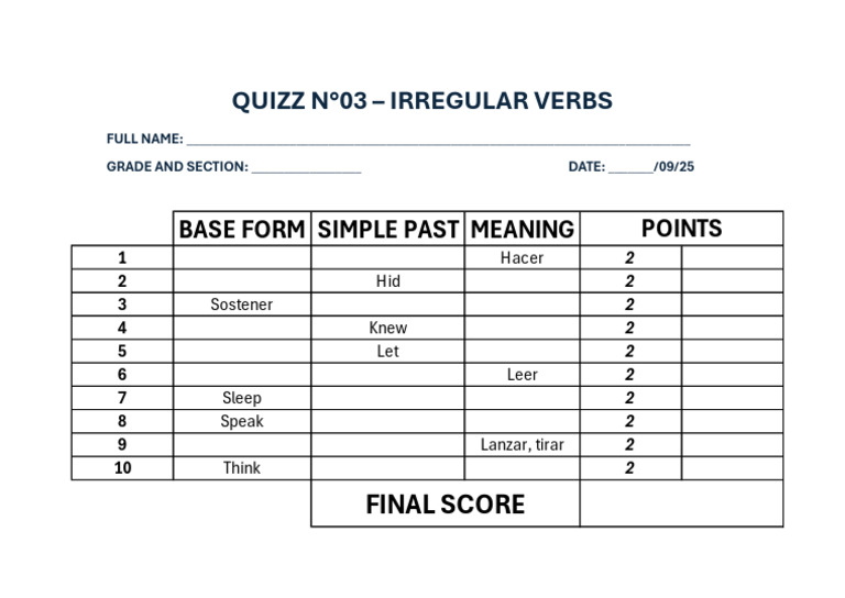 Irregular Verbs Quiz N°03 | PDF