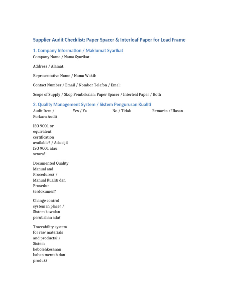 Pplier Audit Checklist Paper Spacer Interleaf LeadFrame | PDF