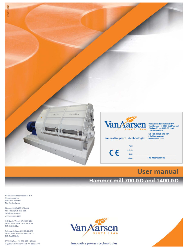 User Manual Van Aarsen Hammer Mill | PDF | Bearing (Mechanical) | Mill ...