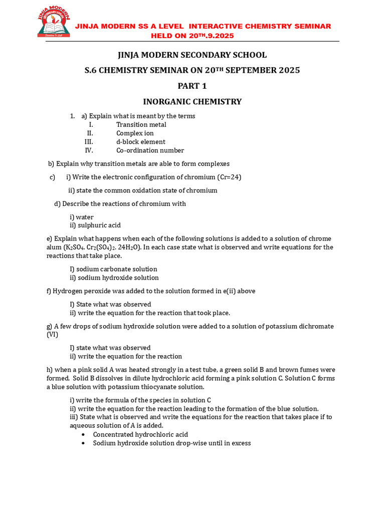 Seminar A Level Chemistry Questions | PDF | Chromium | Acid