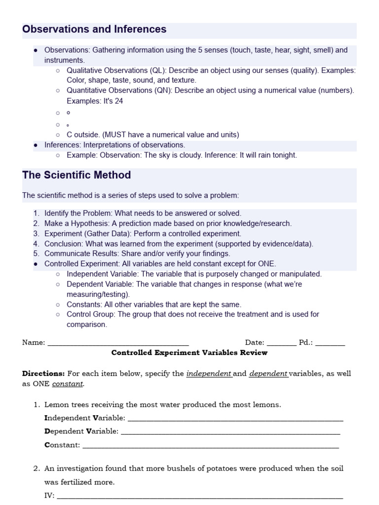 Practice Observations and Inferences | PDF | Experiment | Observation