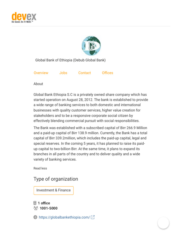 Global Bank of Ethiopia (Debub Global Bank) - Devex | PDF