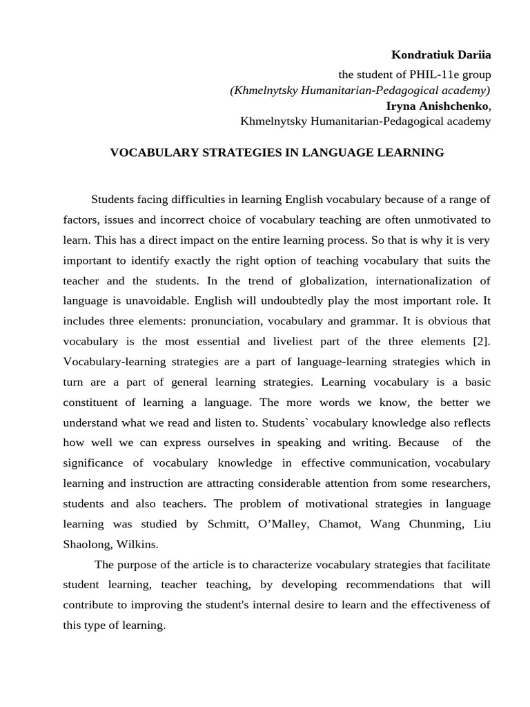 Vocabulary Strategies in Language Learning | PDF | Metacognition ...