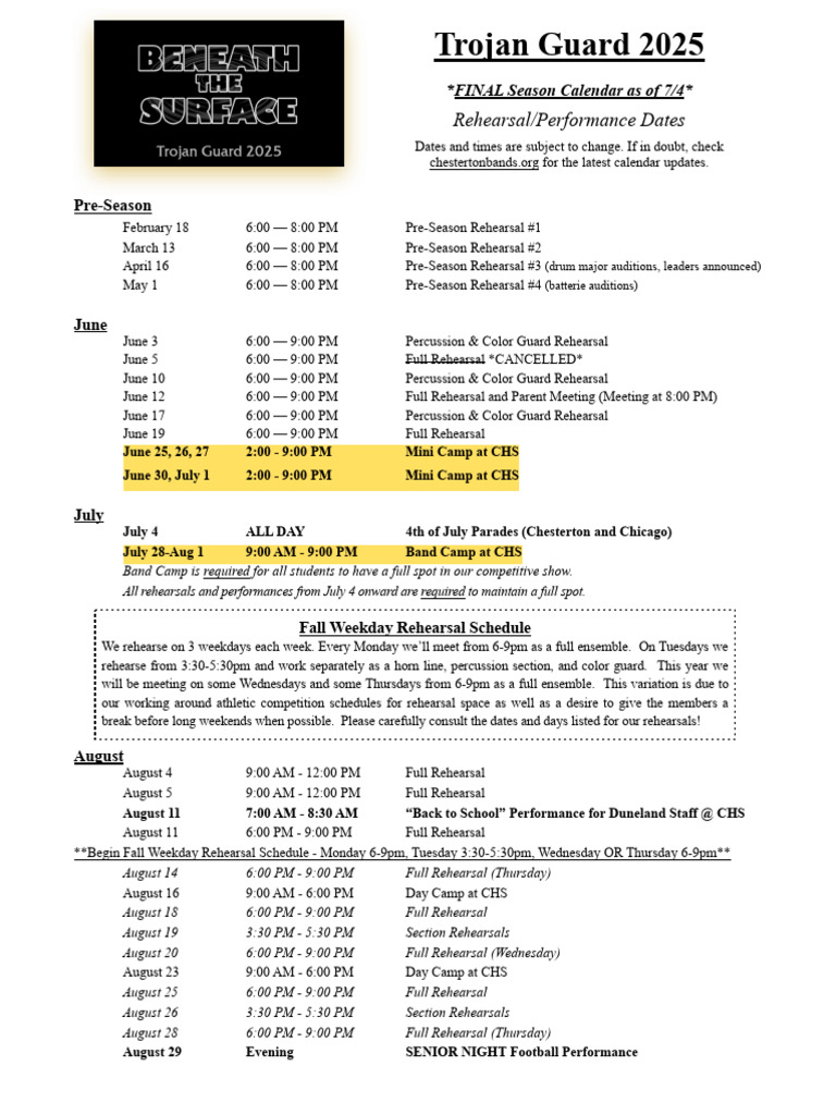Chesterton Band 2025 Rehearsal Schedule | PDF