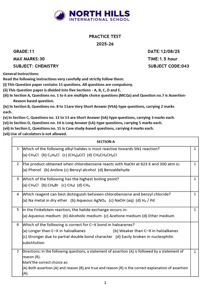 Practice Test CHEMISTRY G12 2025-26 | PDF | Unit Processes | Organic ...