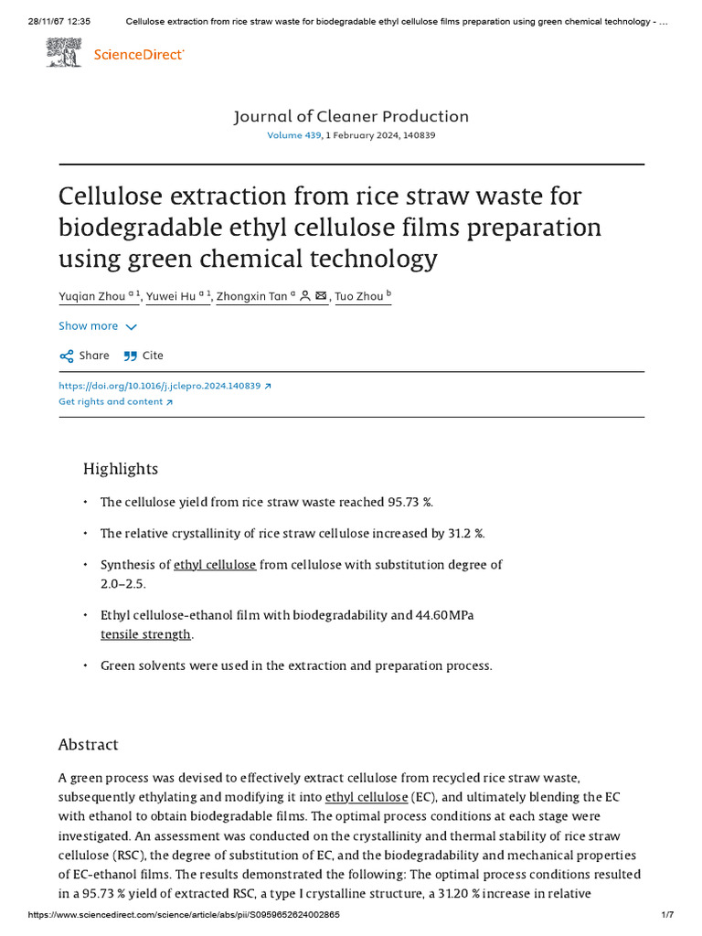 Cellulose Extraction From Rice Straw Waste For Biodegradable Ethyl Cellulose Films Preparation ...