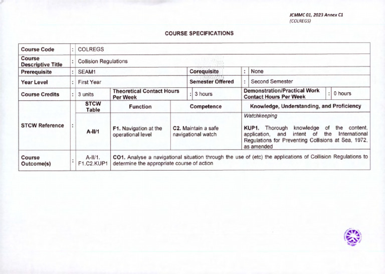 Colregs (Part A - Course Specifications) | PDF