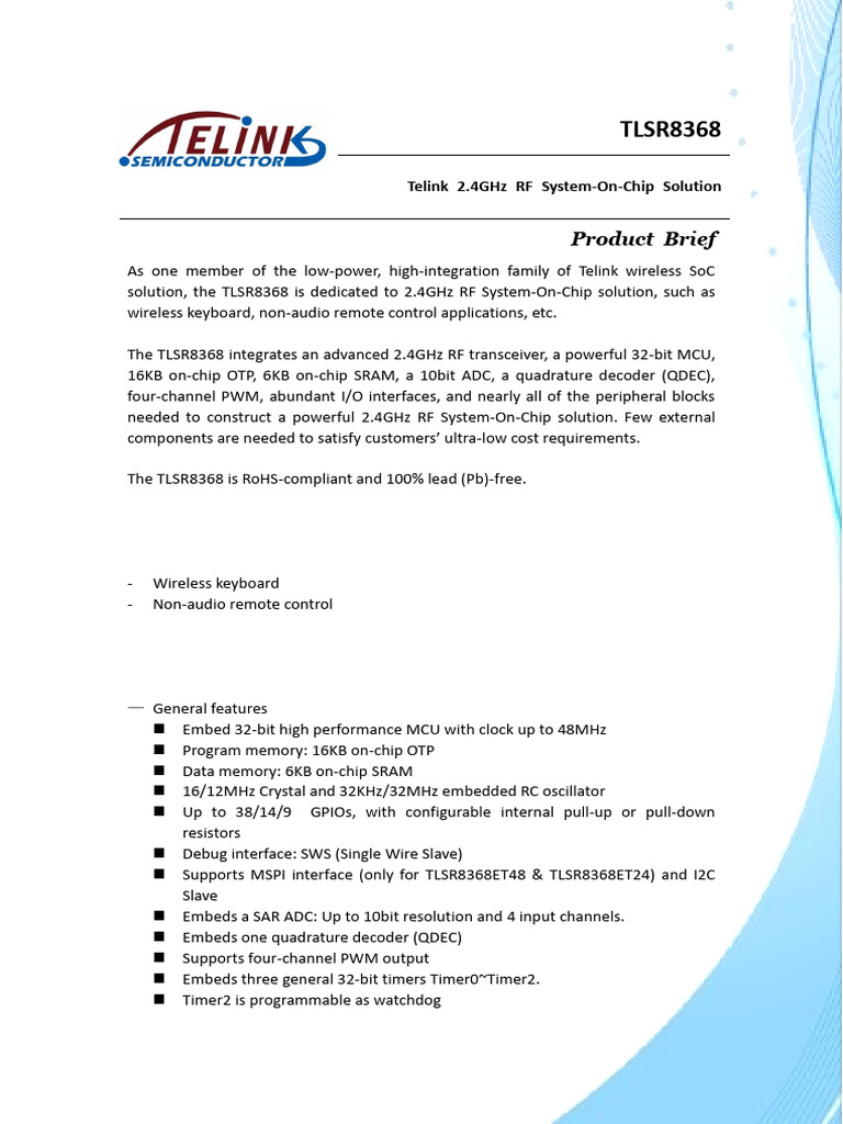Telink TLSR8368 2.4GHz RF SoC Overview | PDF | System On A Chip ...