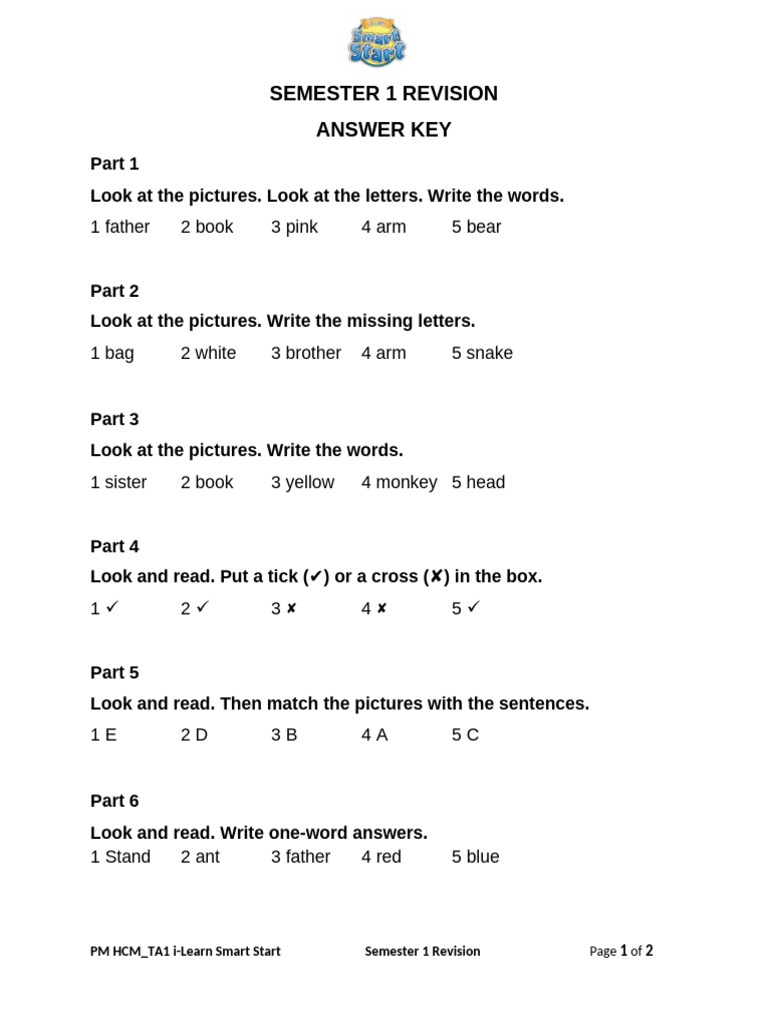 TIẾNG ANH 1 ISS - SEMESTER 1 REVISION - ANSWER KEY | PDF