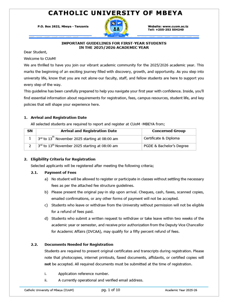 CUoM First-Year Guidelines 2025/26 | PDF | Fee | Banks