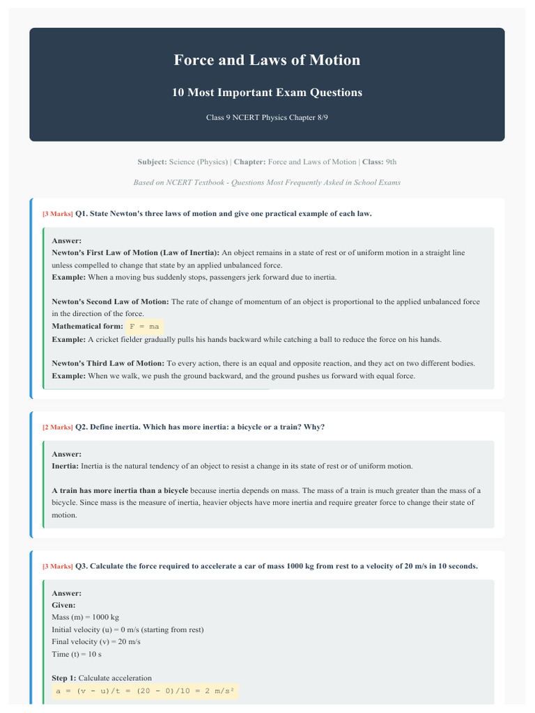 Force Laws Motion Questions | PDF | Force | Newton's Laws Of Motion