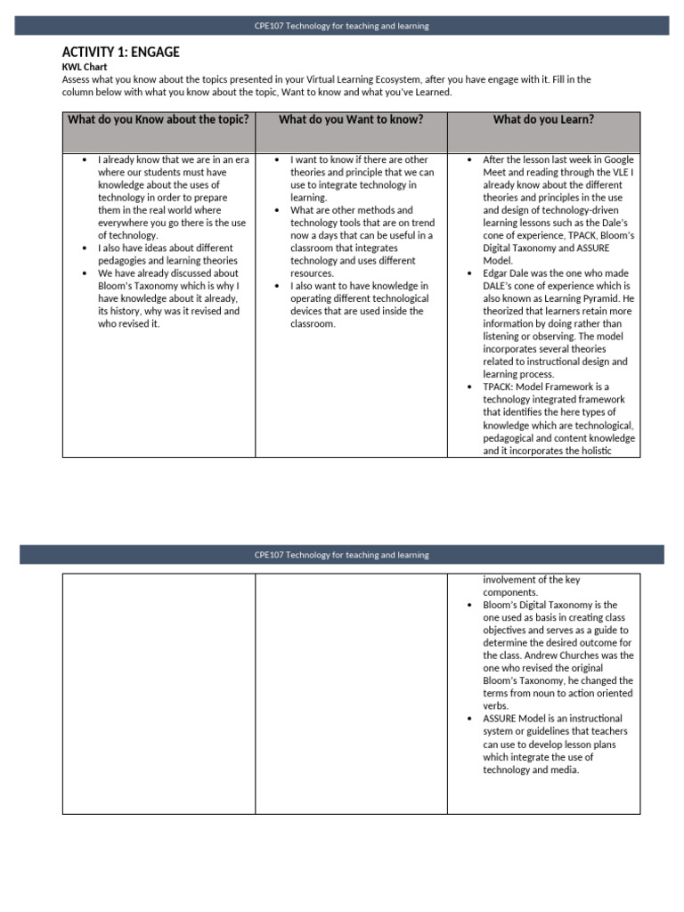 CPE107 Unit4 - Engage Application KWL Chart | PDF | Learning ...