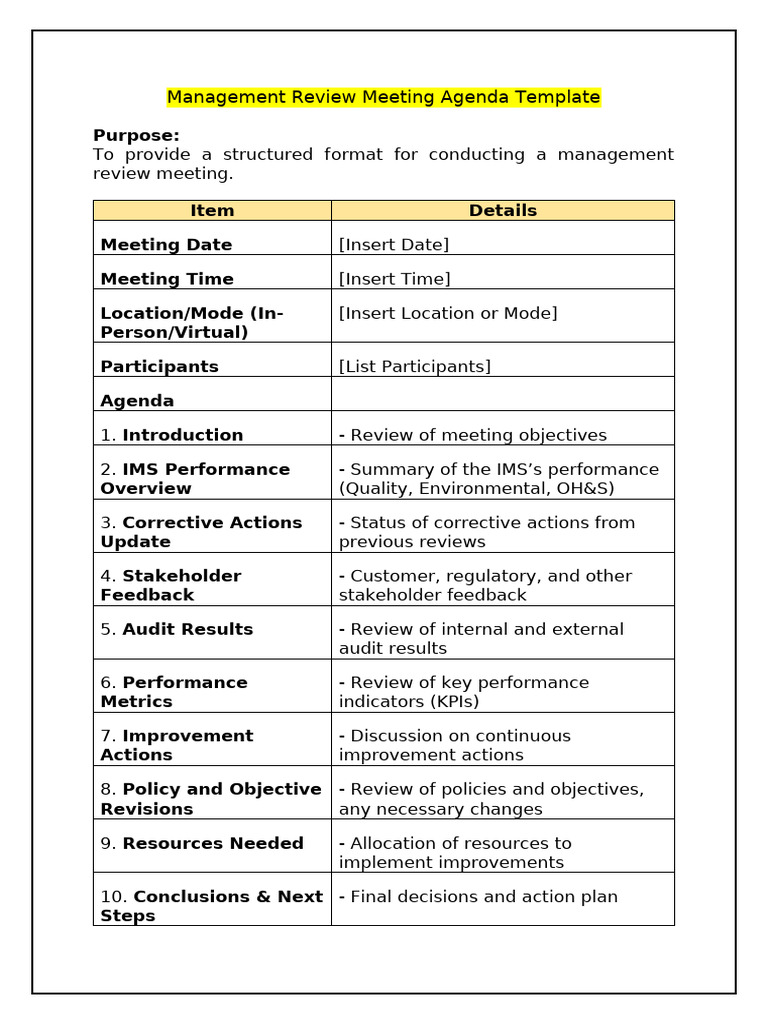 Management Review Meeting Agenda Template | PDF