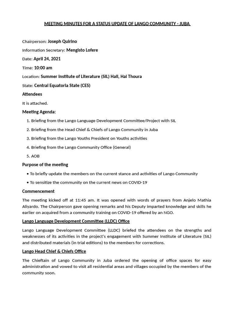 Lango Community Meeting Minutes - April 2021 | PDF | Government | Justice