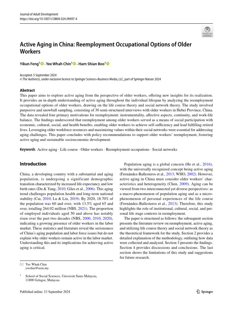 Active Aging in China Reemployment Occupational Options of Older | PDF ...